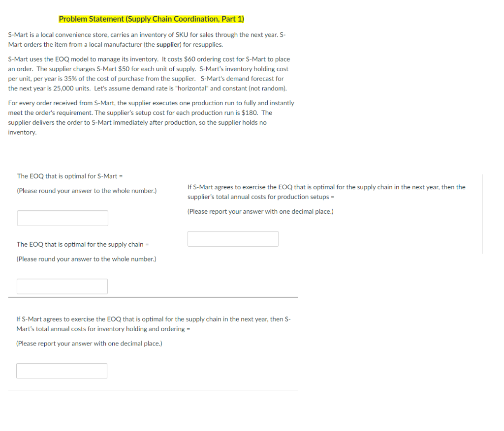 Solved Problem Statement (Supply Chain Coordination, Part 1) | Chegg.com