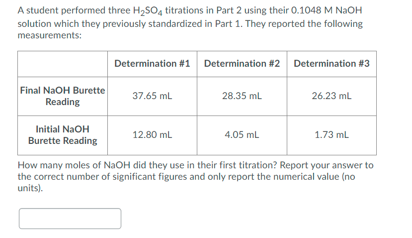 Solved A student performed three H2SO4 titrations in Part 2 | Chegg.com