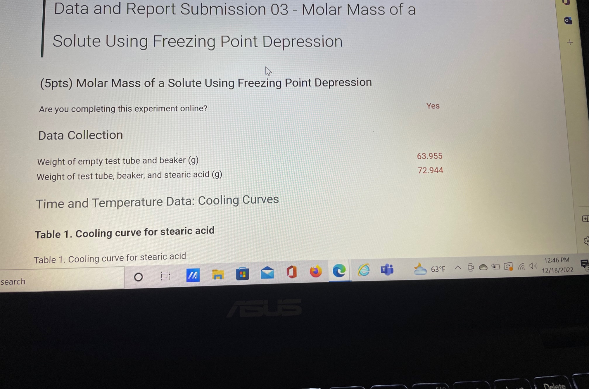 Solved Data and Report Submission 03 - Molar Mass of a | Chegg.com