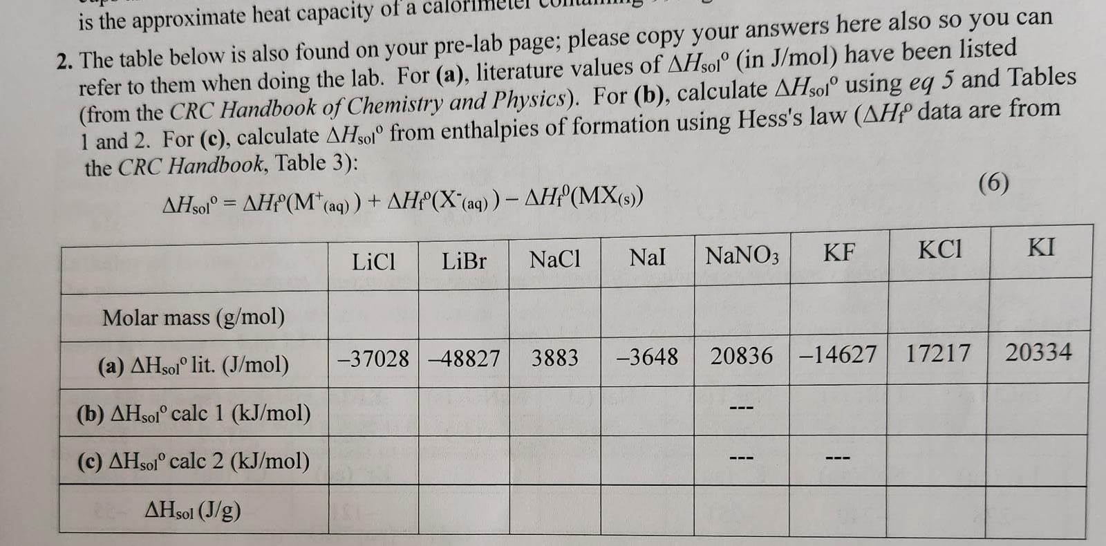 Solved 2. The table below is also found on your pre-lab | Chegg.com