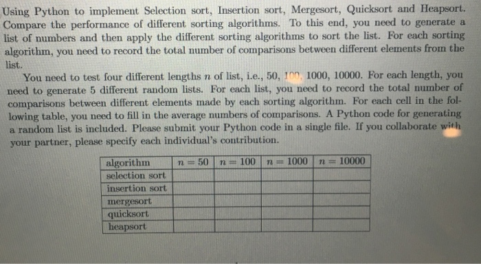 Using Python to implement Selection sort, Insertion | Chegg.com