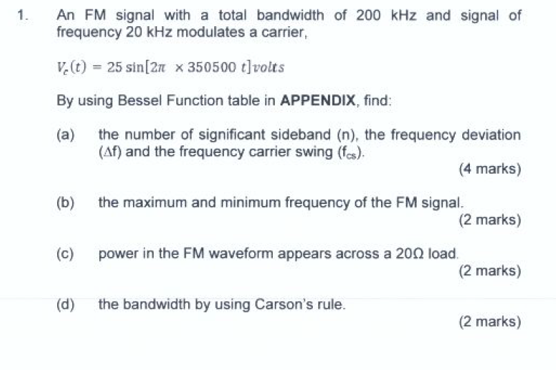 Solved 1. An FM signal with a total bandwidth of 200 kHz and | Chegg.com
