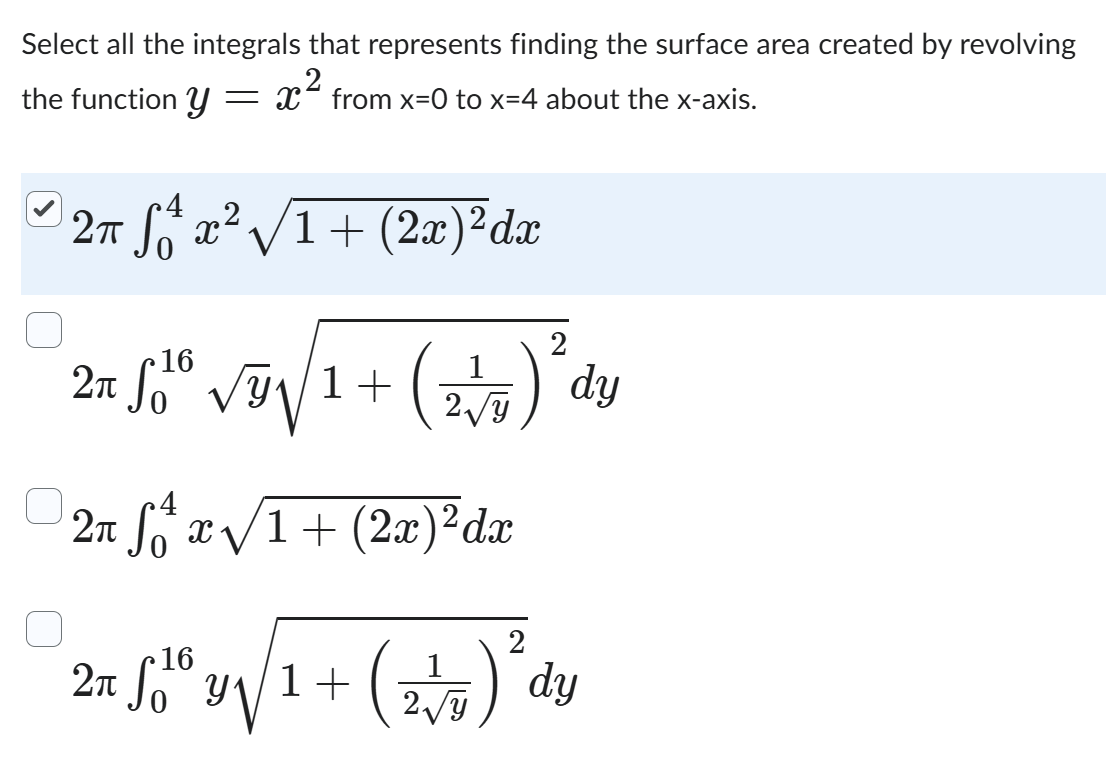 Solved Select all the integrals that represents finding the | Chegg.com