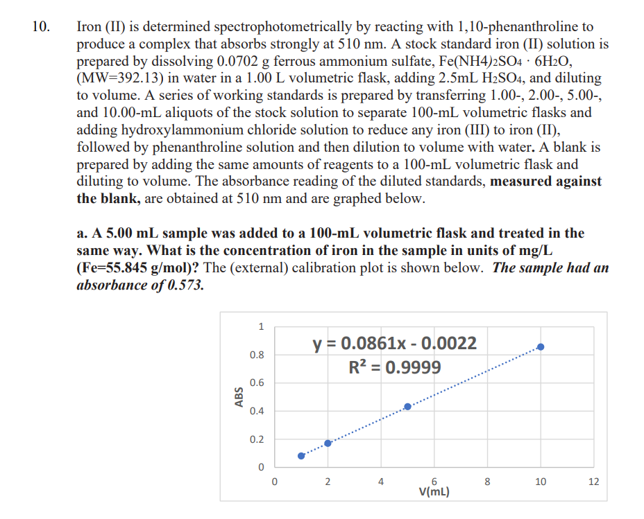 Solved 10. Iron (II) is determined spectrophotometrically by | Chegg.com