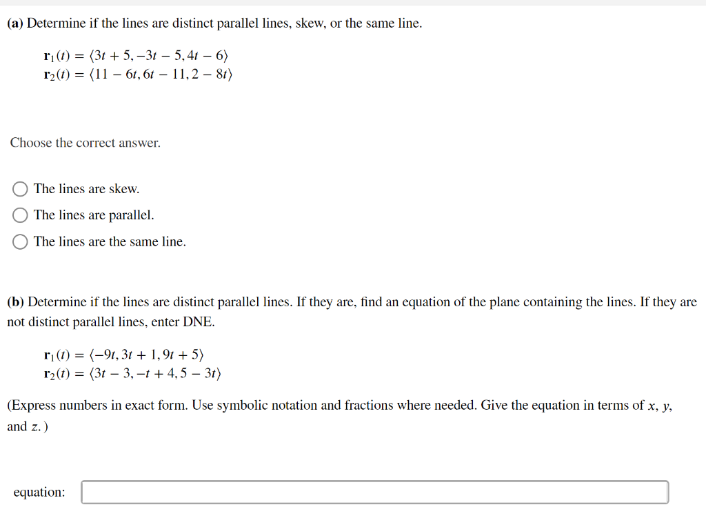 Solved (a) Determine if the lines are distinct parallel | Chegg.com