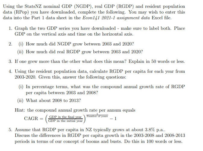 Using the StatsNZ nominal GDP (NGDP), real GDP (RGDP) | Chegg.com