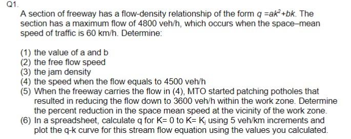Solved Q1 A section of freeway has a flow-density | Chegg.com