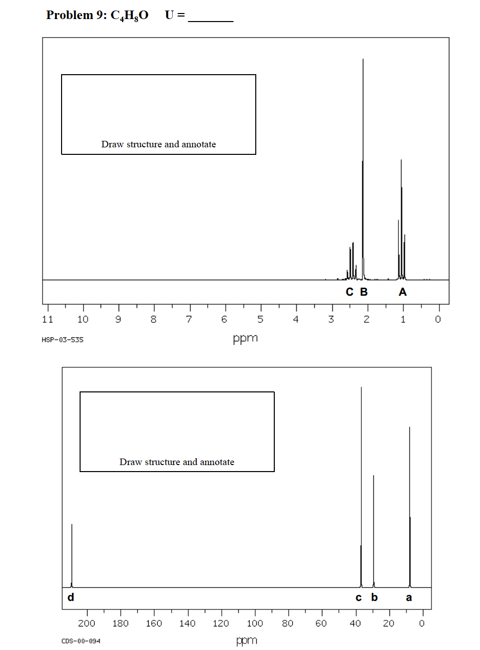 Solved Problem 9: C4H8O U= Draw structure and annotate 11 10 | Chegg.com