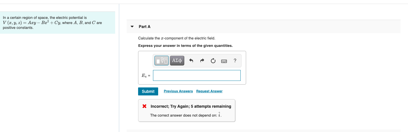 Solved In a certain region of space, the electric potential | Chegg.com