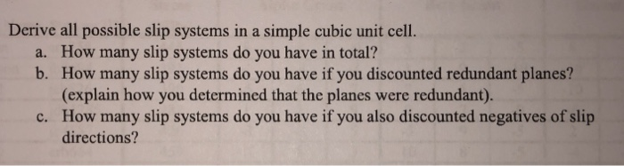 Solved Derive all possible slip systems in a simple cubic | Chegg.com