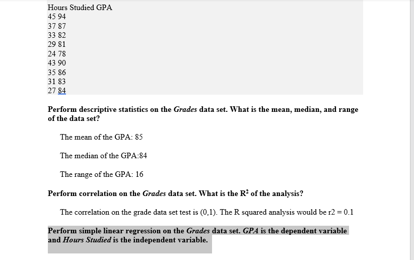 Solved Perform simple linear regression on the Grades data | Chegg.com