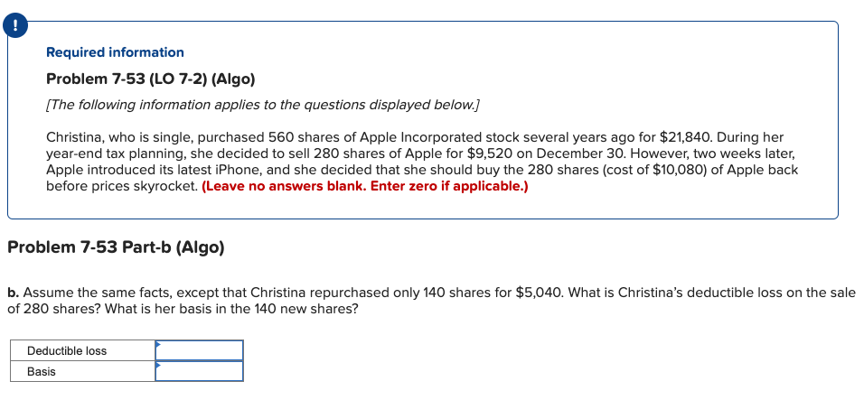 Solved Required information Problem 7-53 (LO 7-2) | Chegg.com Solved Required information Problem 7-53 (LO 7-2) | Chegg.com