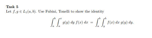 Solved Task 5 Let f.geLi(a,b). Use Fubini, Tonelli to show | Chegg.com