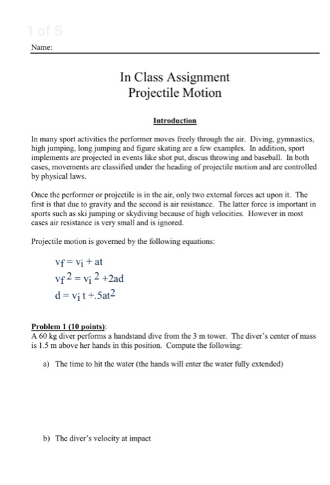 Solved Name: In Class Assignment Projectile Motion | Chegg.com