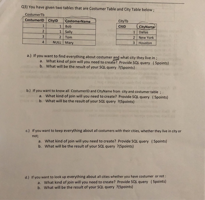 Solved Q3) You have given two tables that are Costumer Table | Chegg.com