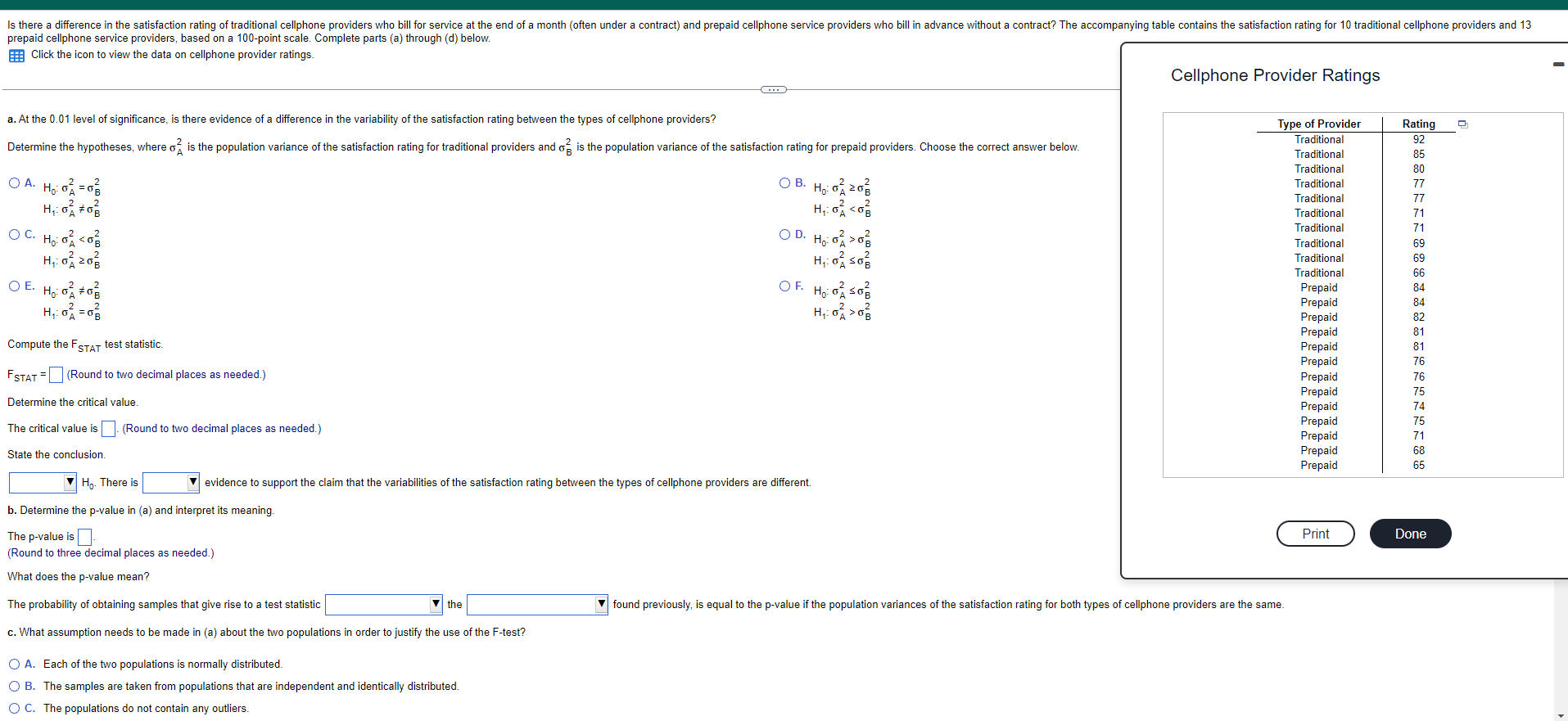 Solved Cellphone Provider Ratings a. At the 0.01 level of | Chegg.com