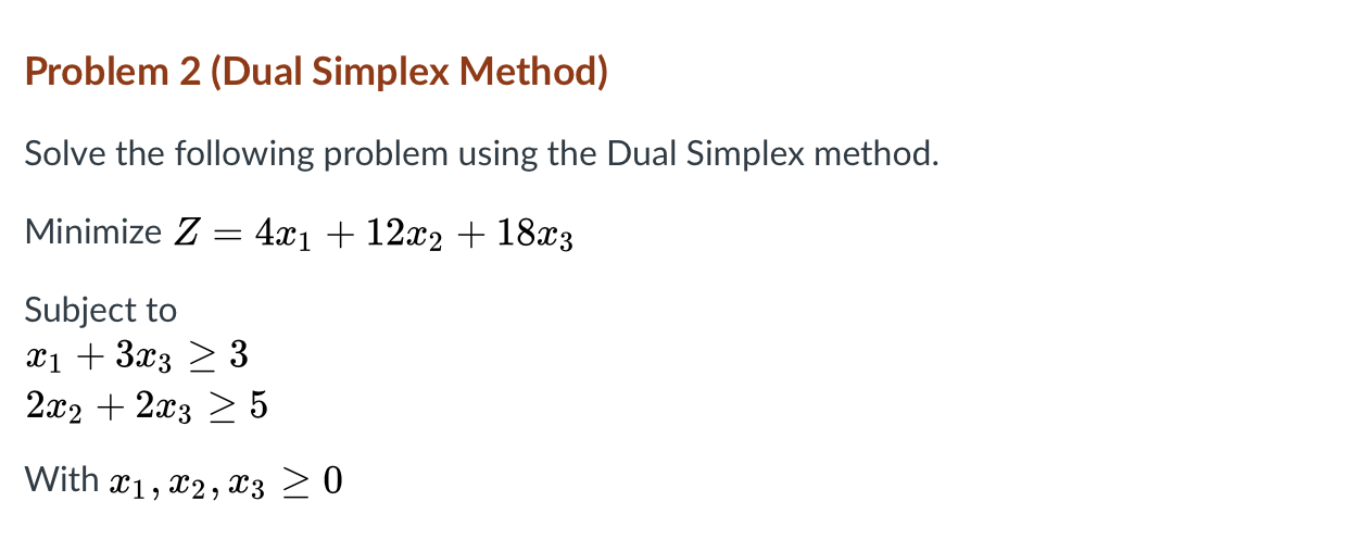 Solved Problem 2 (Dual Simplex Method) Solve the following | Chegg.com