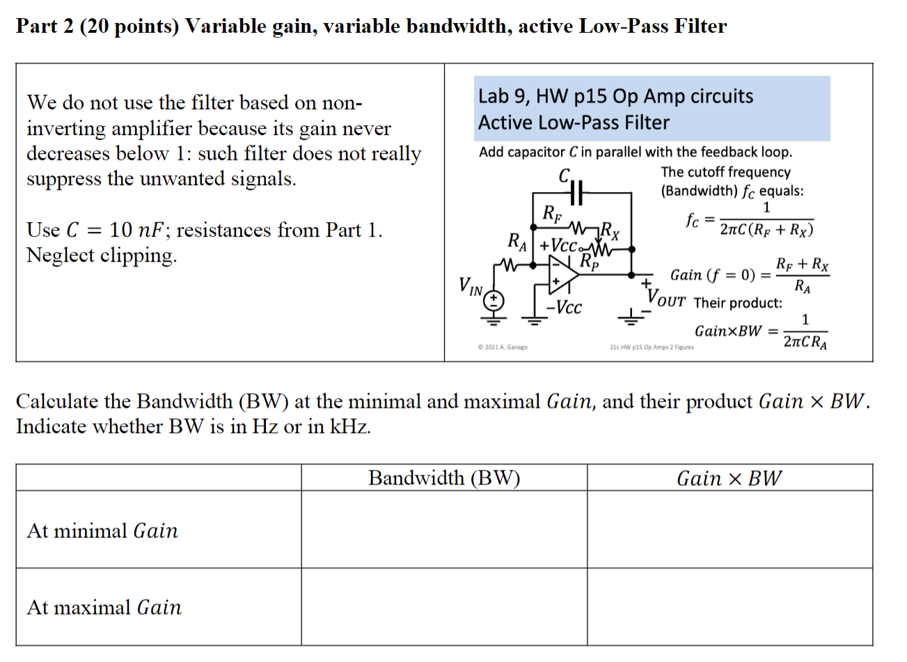 Solved Part 2 (20 points) Variable gain, variable bandwidth, | Chegg.com Solved Part 2 (20 points) Variable gain, variable bandwidth, | Chegg.com