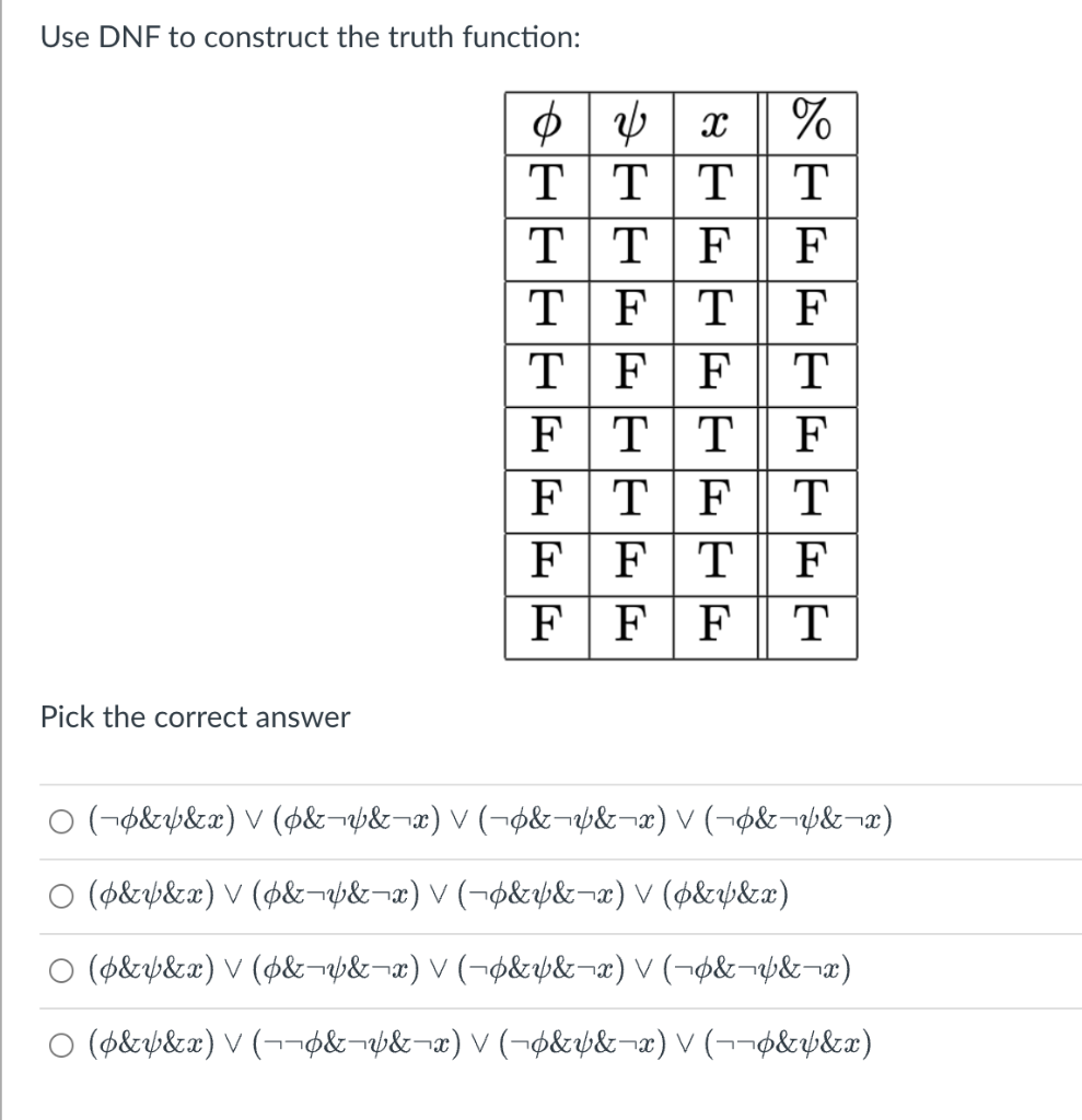 Solved Use DNF to construct the truth function: Pick the | Chegg.com