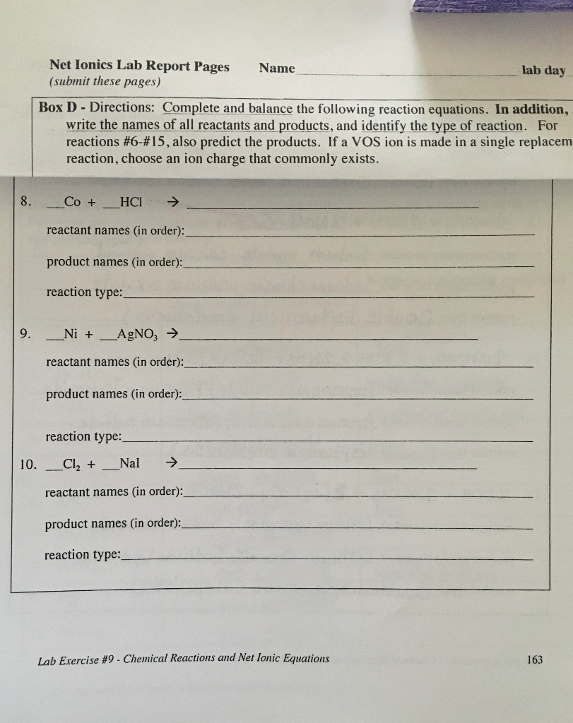Solved Net Ionics Lab Report Pages (submit these pages) Name | Chegg.com