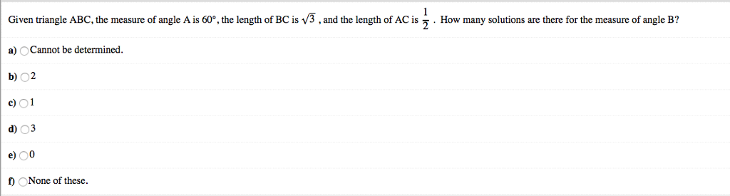 Solved Given triangle ABC, the measure of angle A is 60 , | Chegg.com
