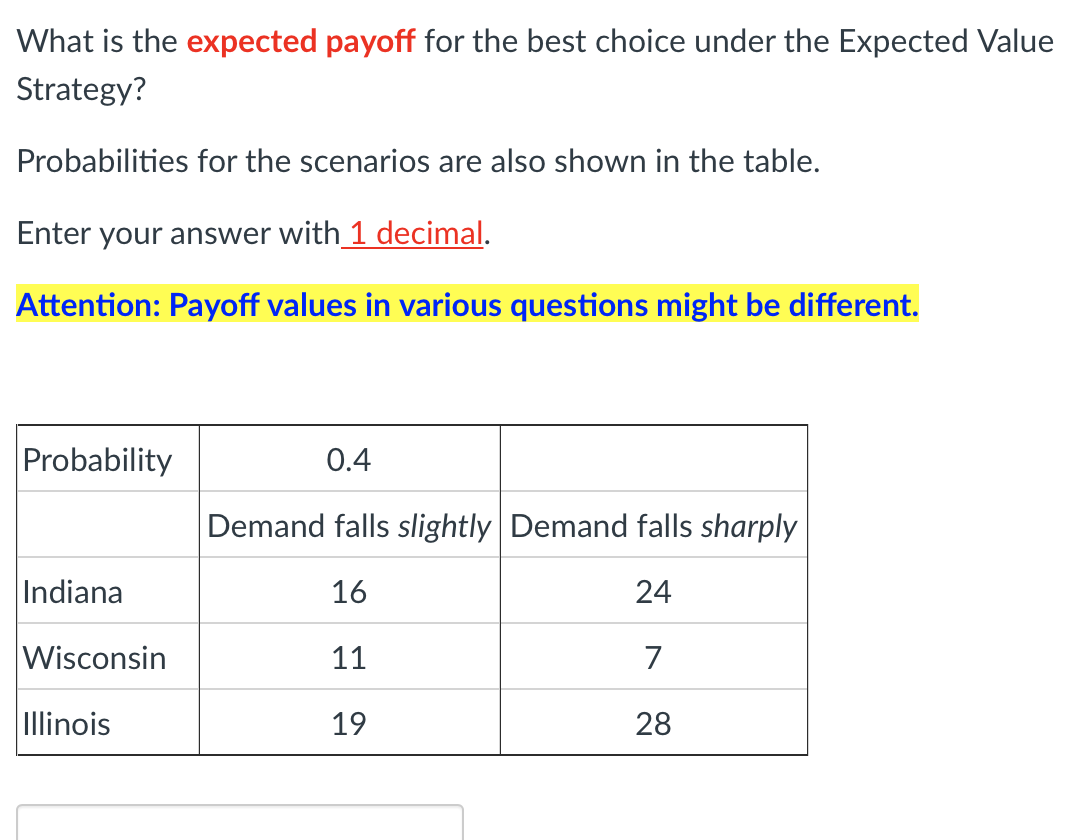 Solved What is the expected payoff for the best choice under | Chegg.com