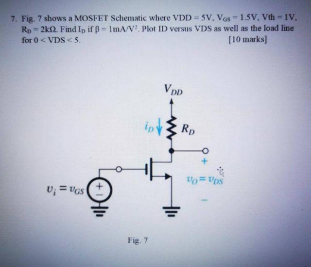 Solved 7. Fig. 7 shows a MOSFET Schematic where VDD = 5V. | Chegg.com