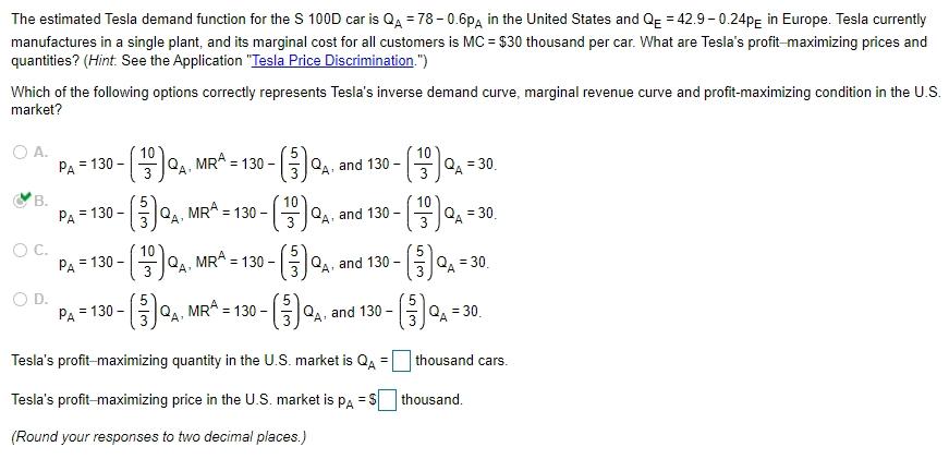 Solved The estimated Tesla demand function for the S 100D | Chegg.com