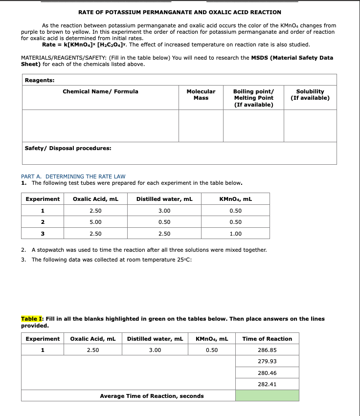 Solved RATE OF POTASSIUM PERMANGANATE AND OXALIC ACID | Chegg.com