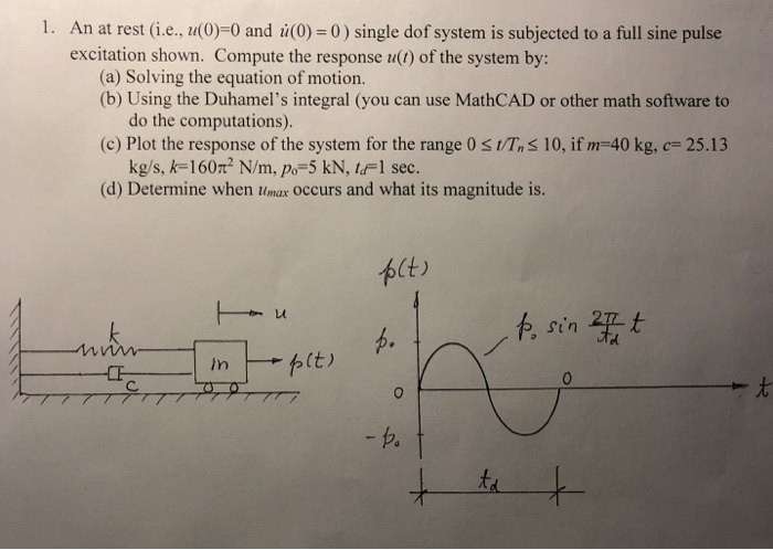 Solved 1. An at rest (i.e., u(0)-0 and u(0) ) single dof | Chegg.com