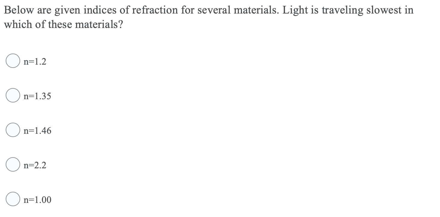 Solved Below are given indices of refraction for several | Chegg.com