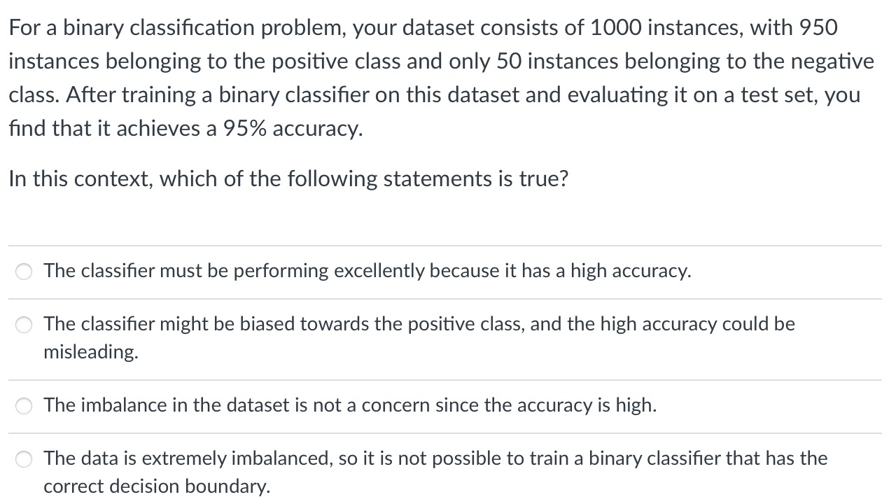 Solved For a binary classification problem, your dataset | Chegg.com