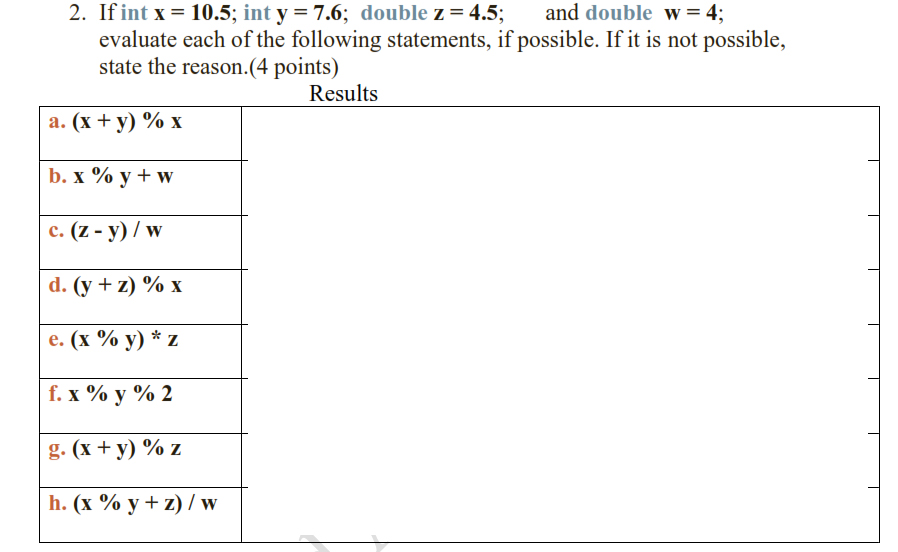 Solved 2. If int x=10.5; int y=7.6; double z=4.5; and double | Chegg.com