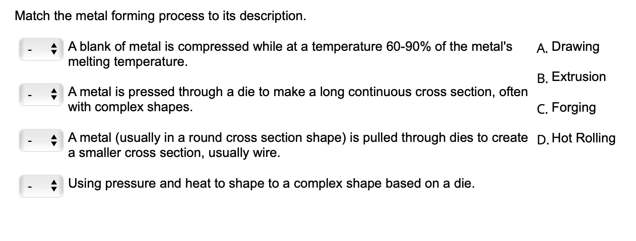 Solved Match the metal forming process to its description. A | Chegg.com