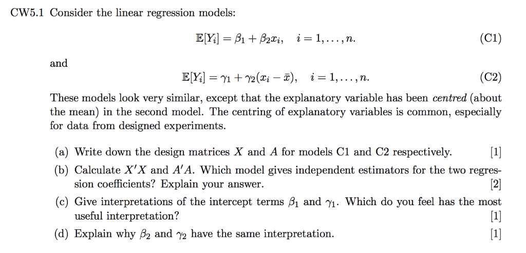 Solved CW5.1 Consider the linear regression models: (C1) and | Chegg.com