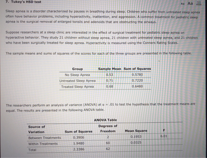 Solved 7. Tukey's HSD test Sleep apnea is a disorder | Chegg.com