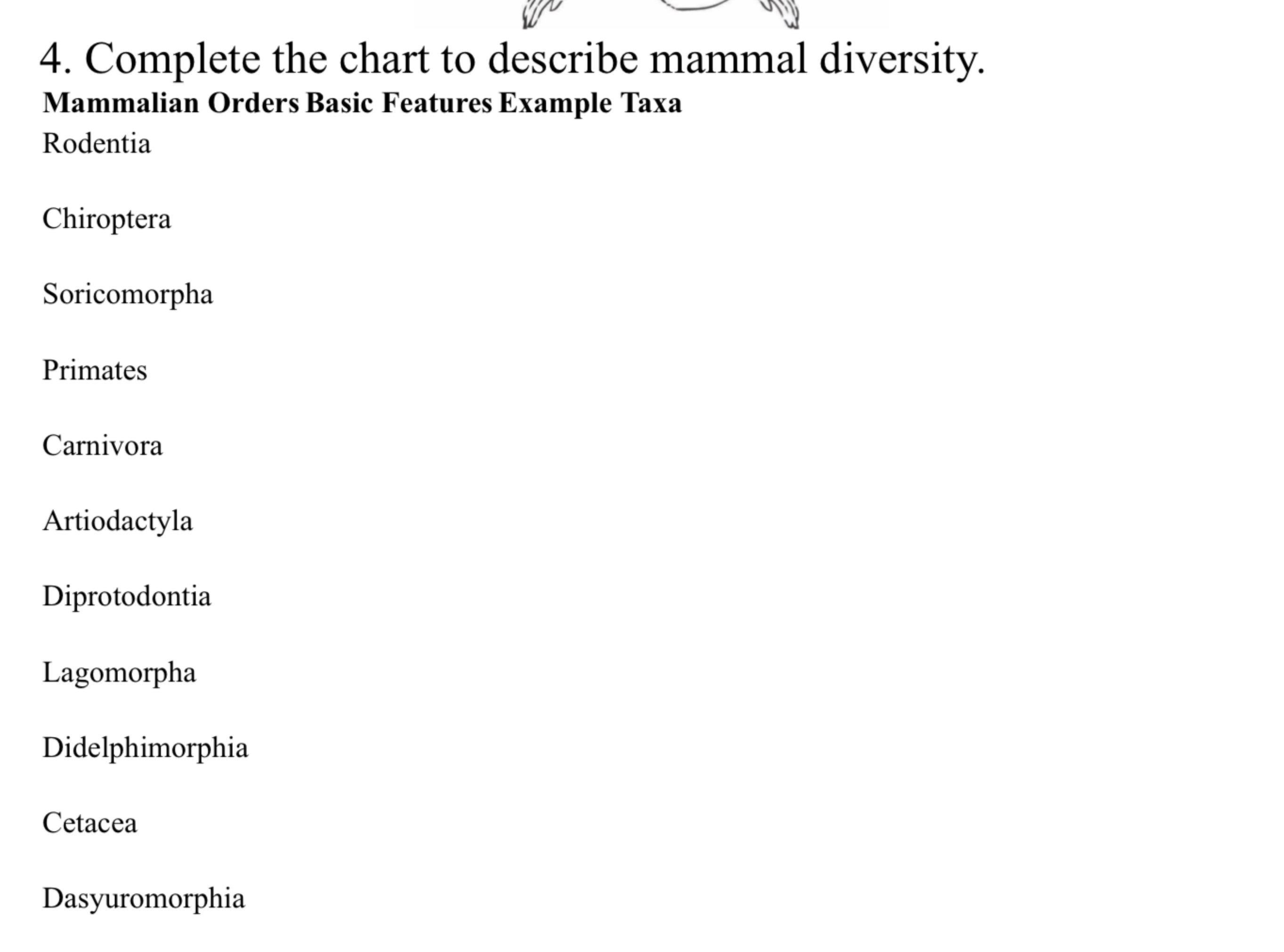 Solved Complete the chart to describe mammal | Chegg.com