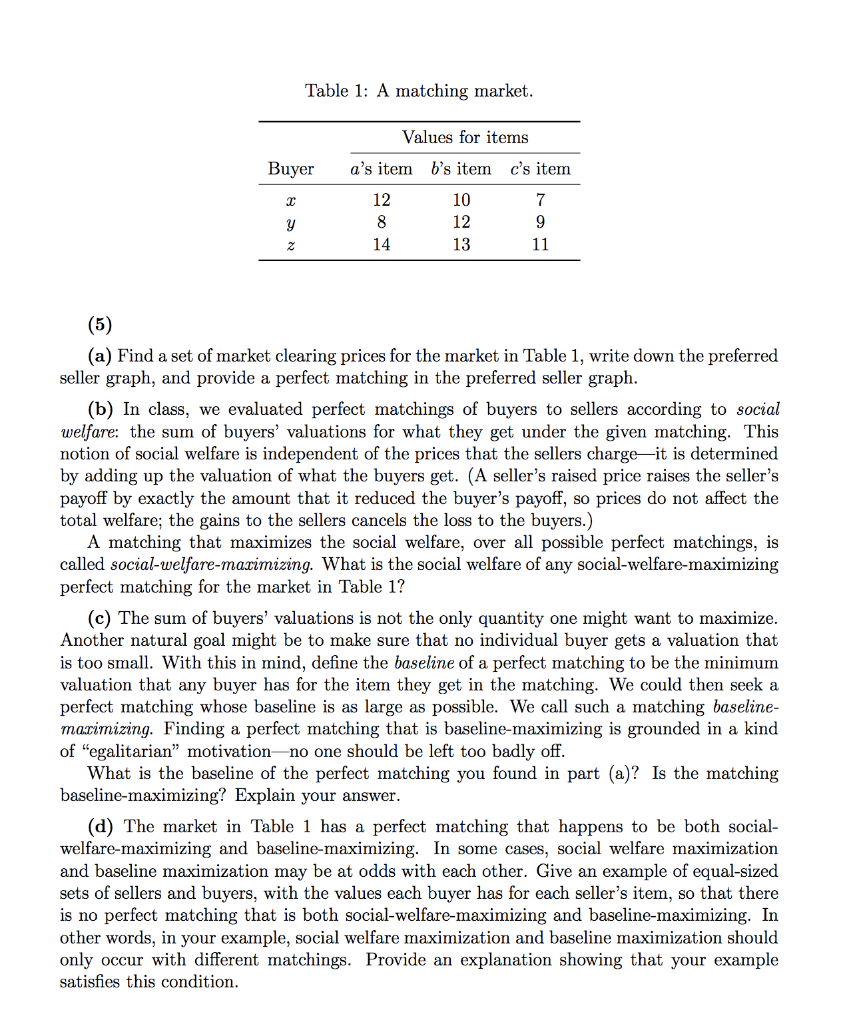 Table 1: A matching market. Buyera Values for items | Chegg.com