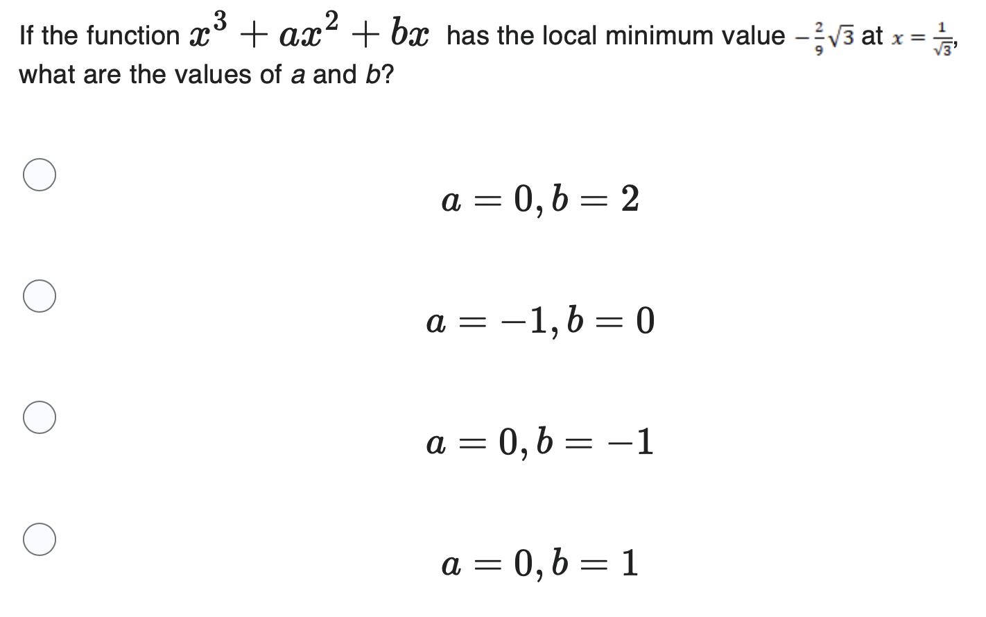 Solved If the function x3+ax2+bx has the local minimum value | Chegg.com