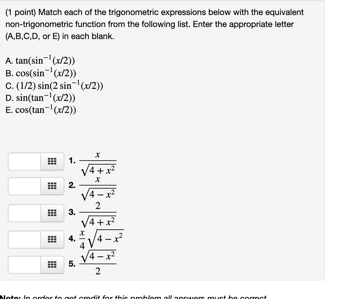 Solved (1 point) Match each of the trigonometric expressions | Chegg.com