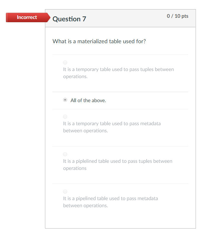 Solved orrect Question 7 0/10 pts What is a materialized | Chegg.com