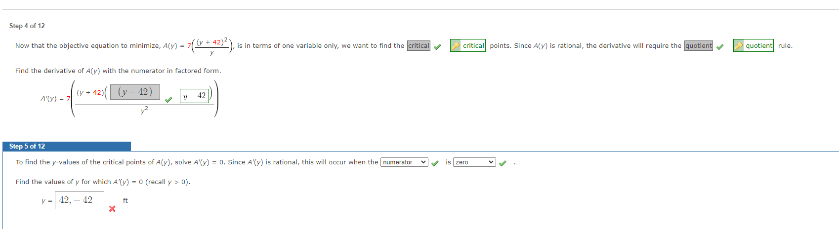 Solved Step 4 ﻿of 12Find the derivative of A(y) ﻿with the | Chegg.com