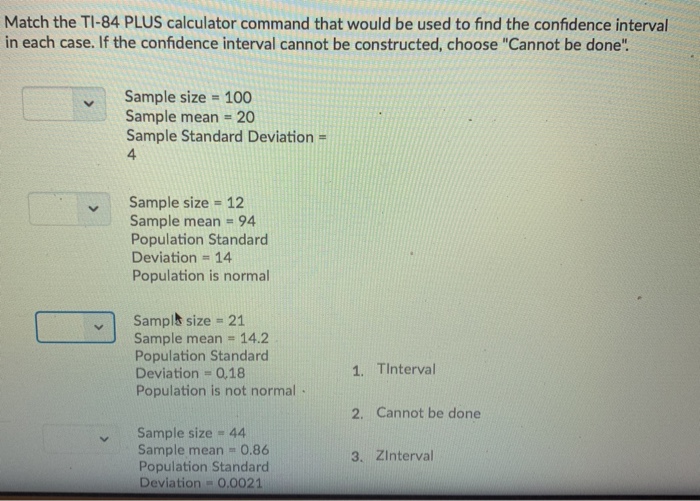 Solved Match the TI-84 PLUS calculator command that would be | Chegg.com