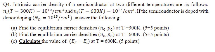 Solved Q4. Intrinsic carrier density of a semiconductor at | Chegg.com