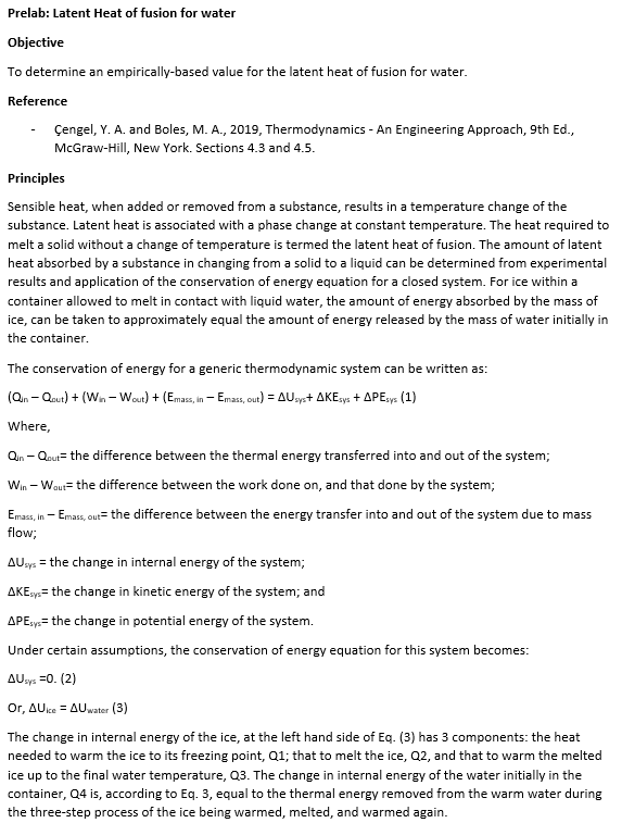 Prelab: Latent Heat of fusion for water Objective To | Chegg.com