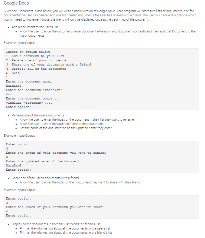 Solved Google Docs Given the "Document class below, you will | Chegg.com