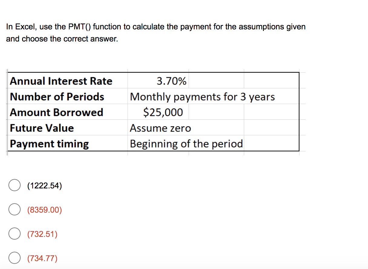Solved In Excel, use the PMT() function to calculate the | Chegg.com