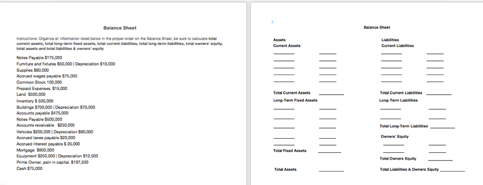 Solved Balance Sheet Balance Sheet Instructions: Organize al | Chegg.com