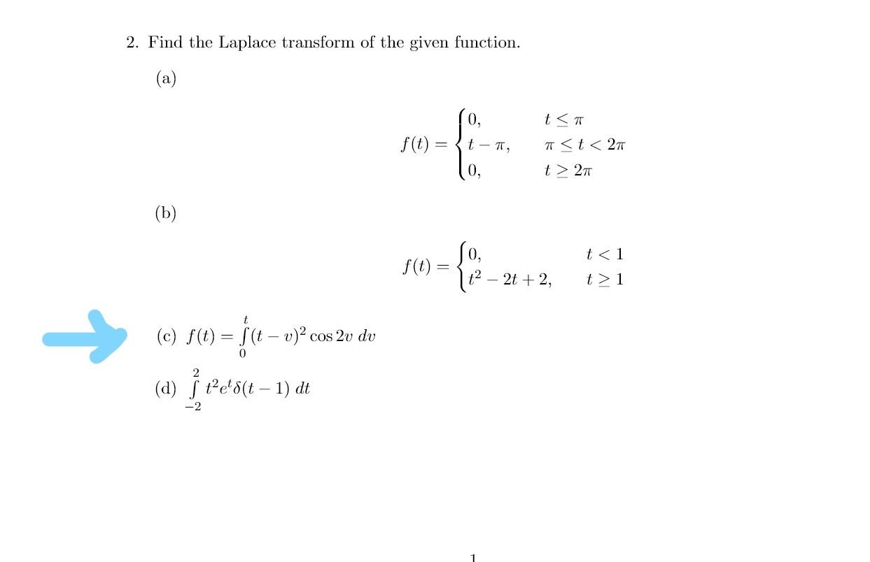Solved 2. Find the Laplace transform of the given function. | Chegg.com
