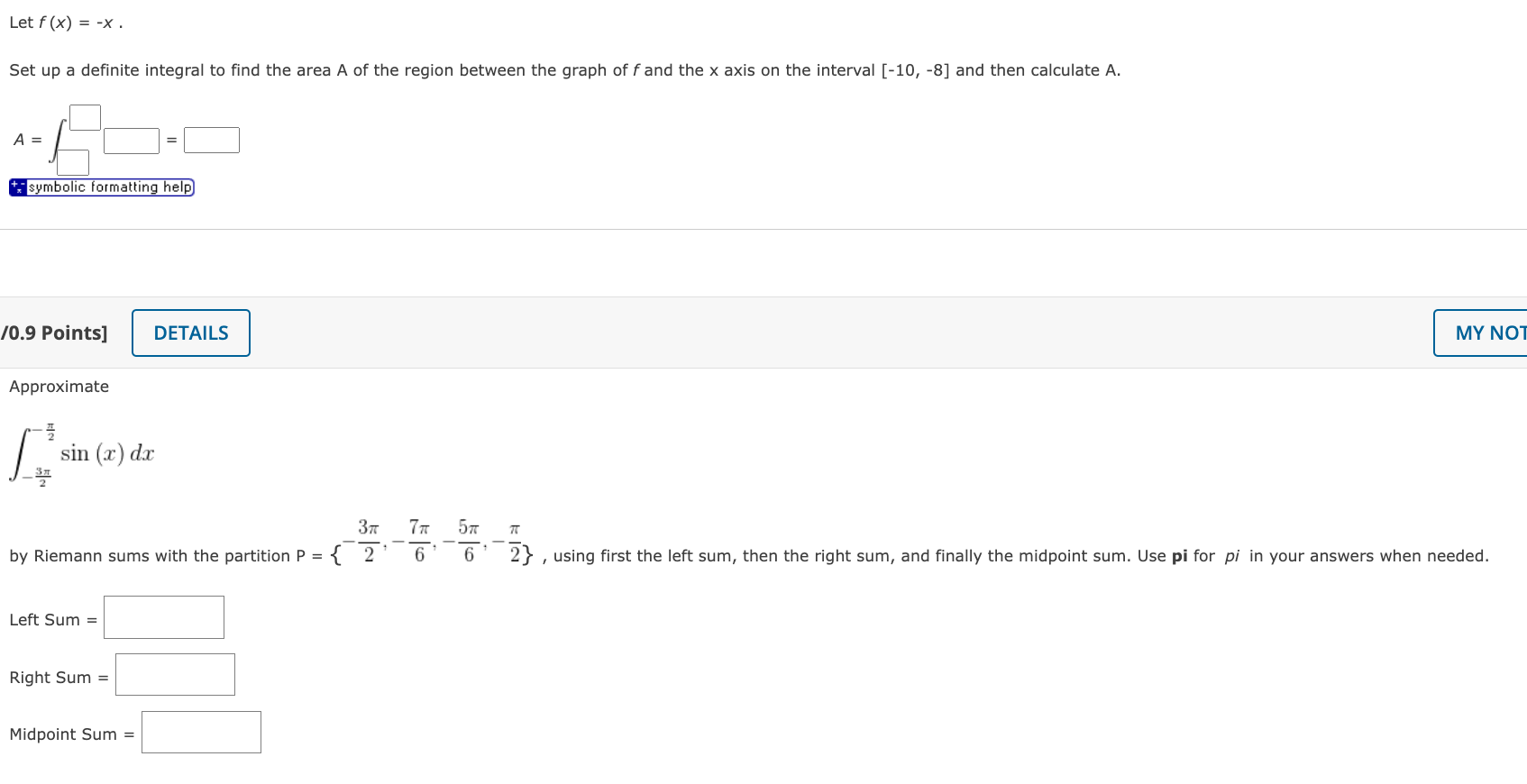 Solved Let f(x)=−x. Set up a definite integral to find the | Chegg.com